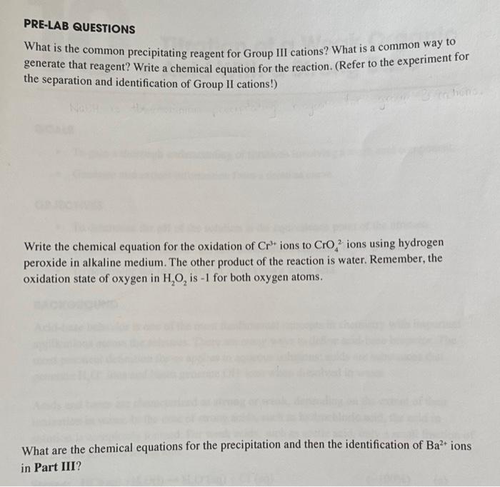 Solved PRE-LAB QUESTIONS What is the common precipitating | Chegg.com