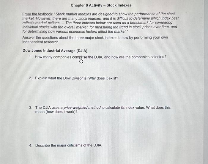 Solved Chapter 9 Activity - Stock Indexes From the textbook: | Chegg.com
