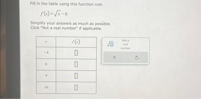 Solved Fill in the table using this function rule. f(x)=x−6 | Chegg.com