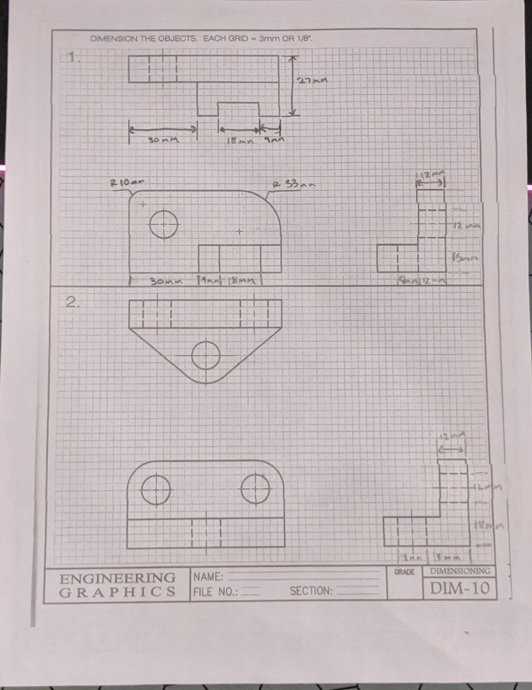 Solved DIMENSION THE OBJECTS. EACH GRID = 3mm OR 1/8" 27 30 | Chegg.com