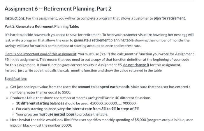 Solved Assignment 6 -- Retirement Planning, Part 2 | Chegg.com