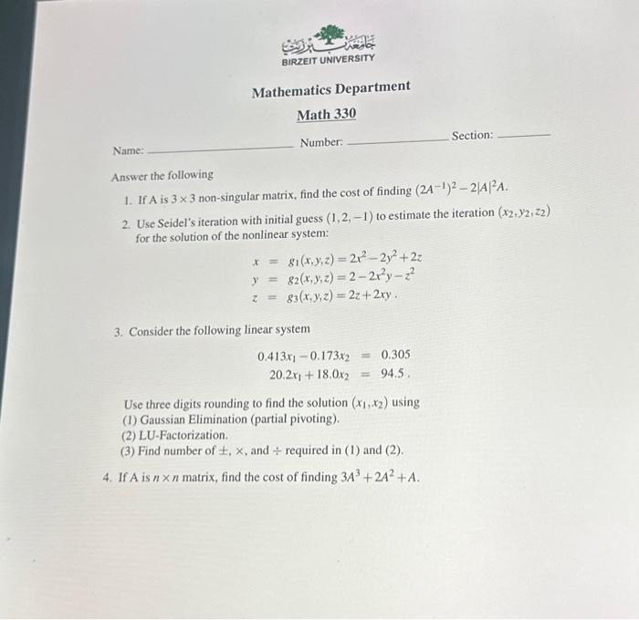 Solved Answer the following 1. If A is 3×3 non-singular | Chegg.com
