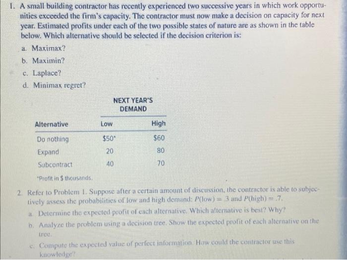 Solved I. A small building contractor has recently | Chegg.com