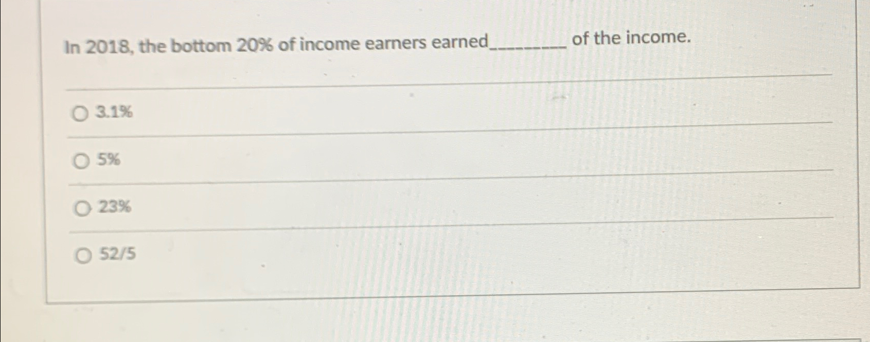 Solved In 2018 , ﻿the bottom 20% ﻿of income earners earned | Chegg.com