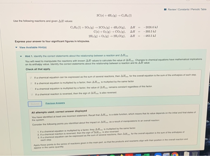 Solved Review Constants 1 Periodic Table 3C(s) + 4H2(g) → C | Chegg.com