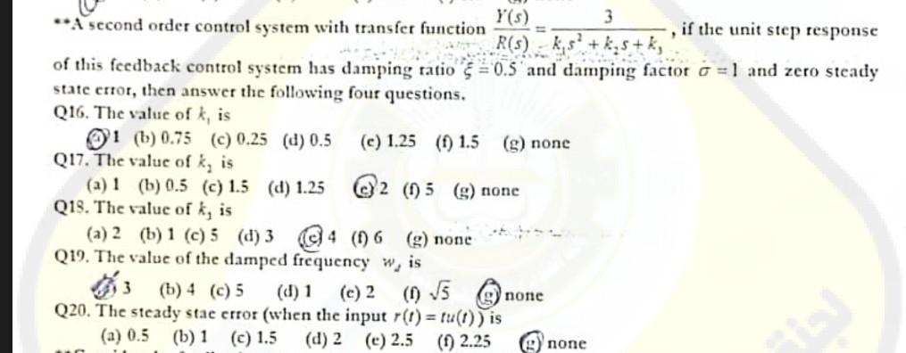 Solved ∗ A second order control system with transfer | Chegg.com