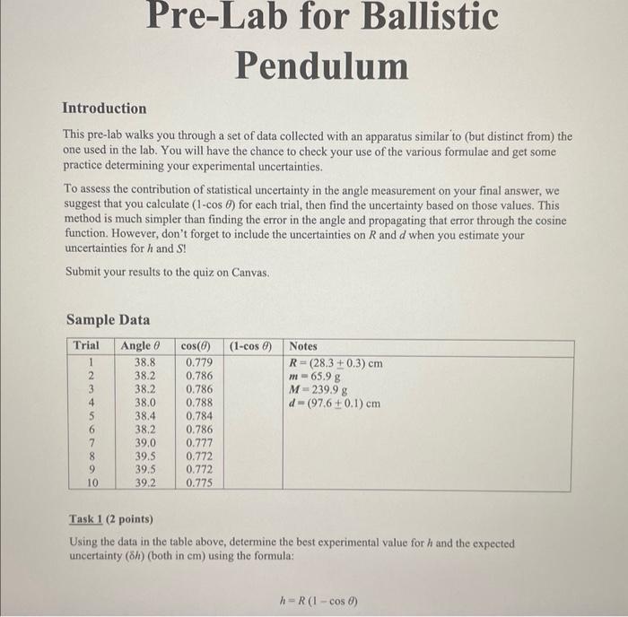 Pre-Lab for Ballistic Pendulum Introduction This | Chegg.com