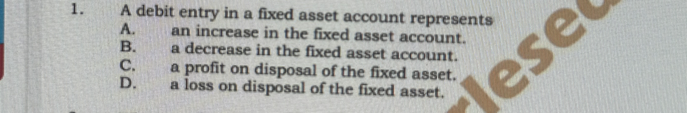 Solved A debit entry in a fixed asset account representsA. | Chegg.com
