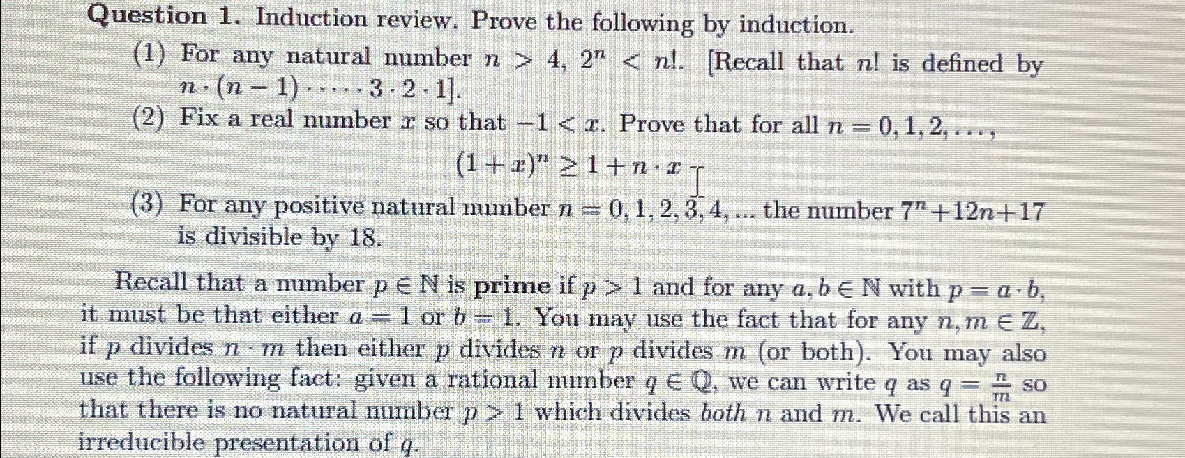 Solved Question 1. ﻿Induction review. Prove the following by | Chegg.com