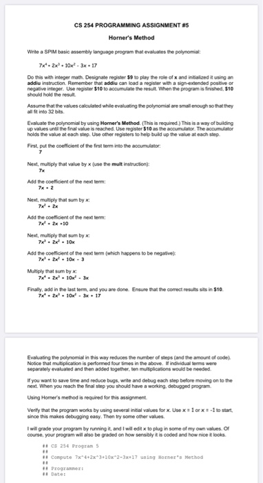 CS 254 PROGRAMMING ASSIGNMENT #5 Horner's Method | Chegg.com