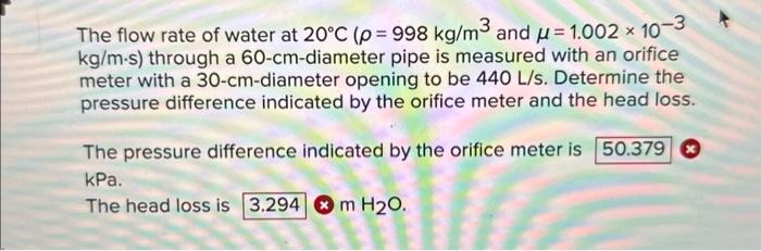 Solved The flow rate of water at 20∘C(ρ=998 kg/m3 and | Chegg.com