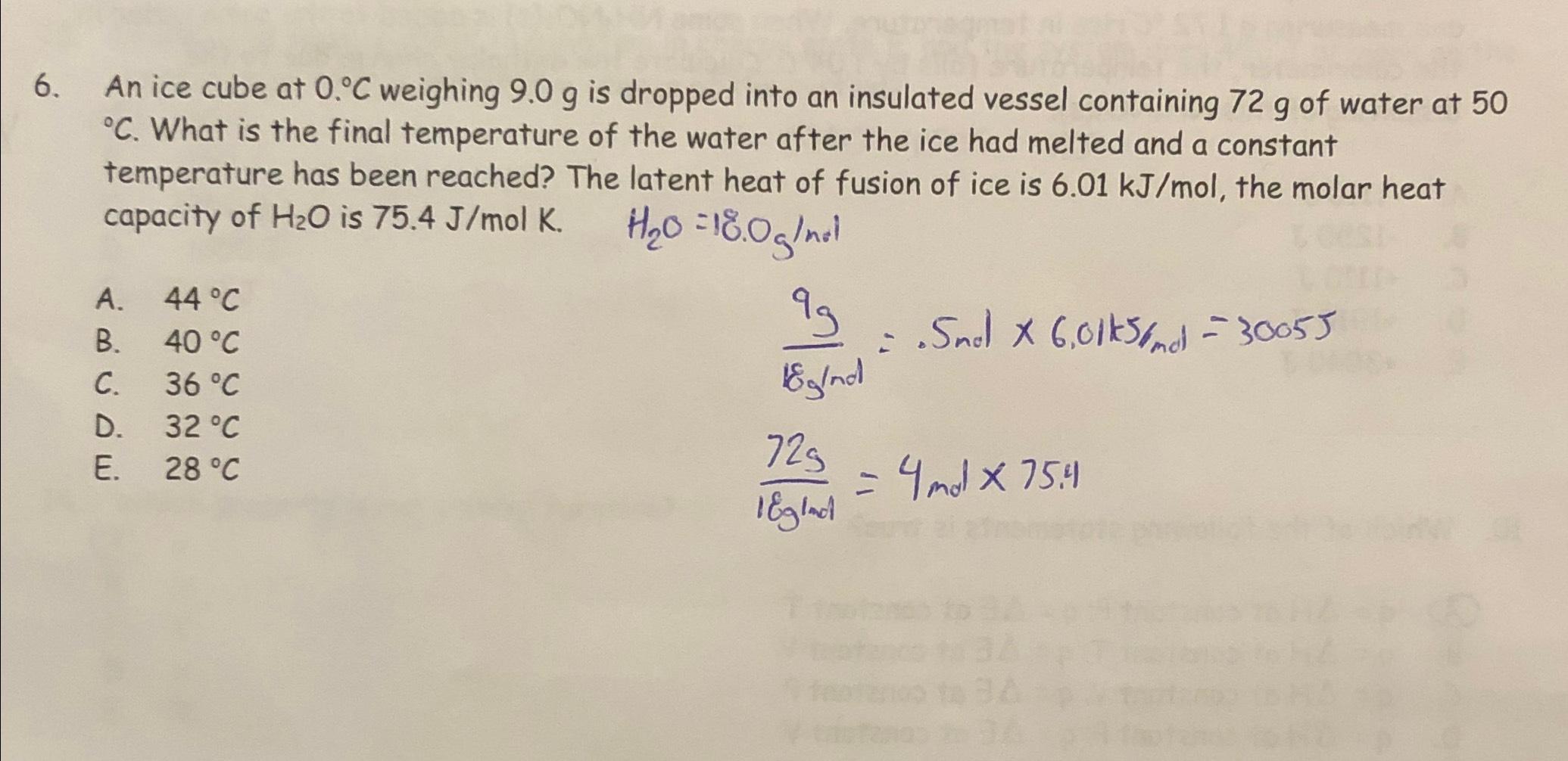 Solved An ice cube at 0.°C ﻿weighing 9.0g ﻿is dropped into | Chegg.com