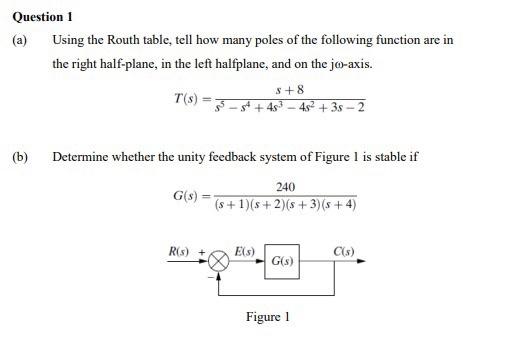 Solved Question 1 (a) Using the Routh table, tell how many | Chegg.com