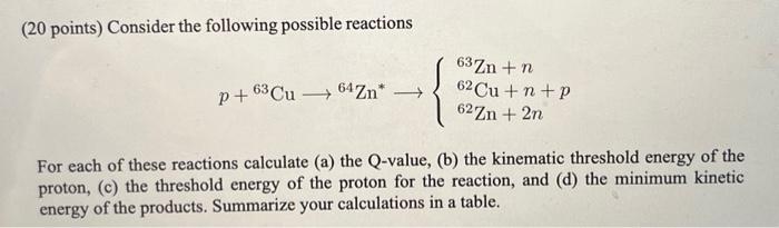 Solved (20 points) Consider the following possible reactions | Chegg.com