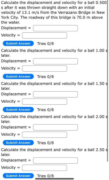 Calculate the displacement and velocity for a ball | Chegg.com