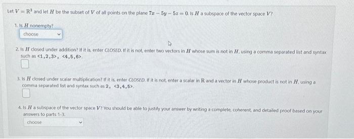 Solved Let V=R3 and let H be the subset of V of all points | Chegg.com