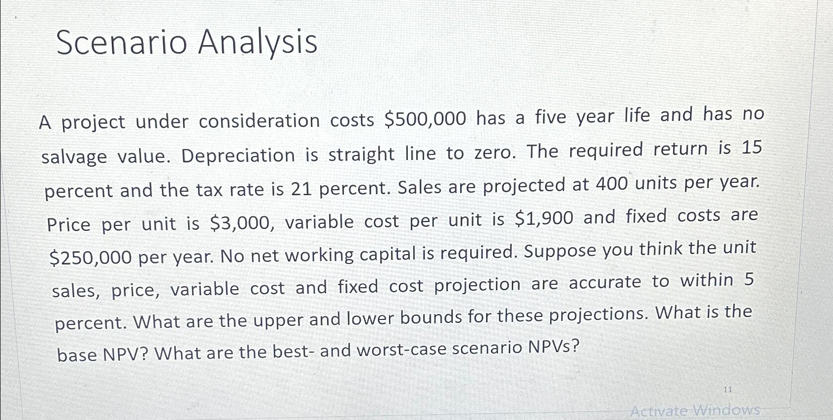 Solved Scenario AnalysisA project under consideration costs | Chegg.com