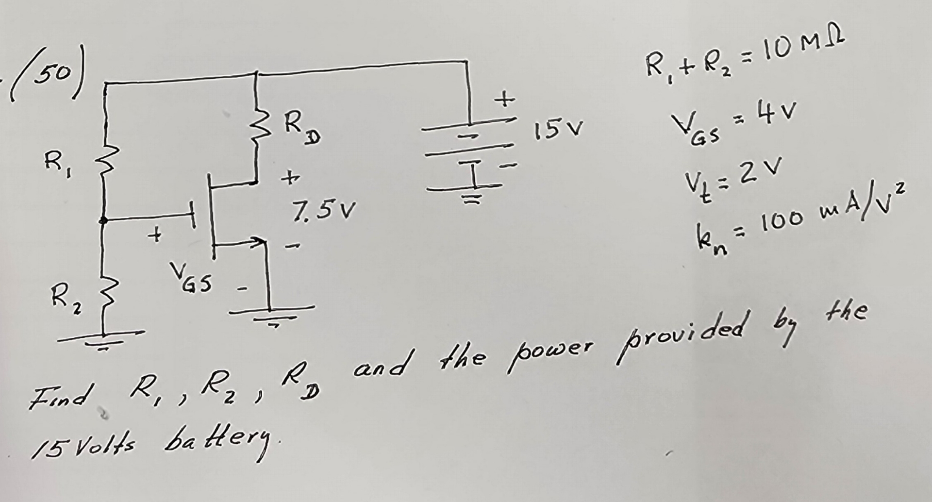 Solved (50)R1+R2=10mΩVGS=4vVt=2Vkn=100mAv2Find R1,R2,RD ﻿and | Chegg.com