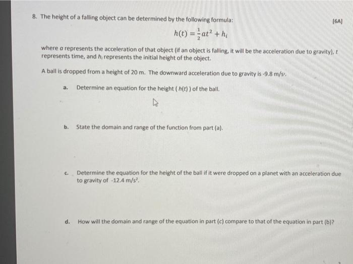 Solved ( 8. The height of a falling object can be determined | Chegg.com