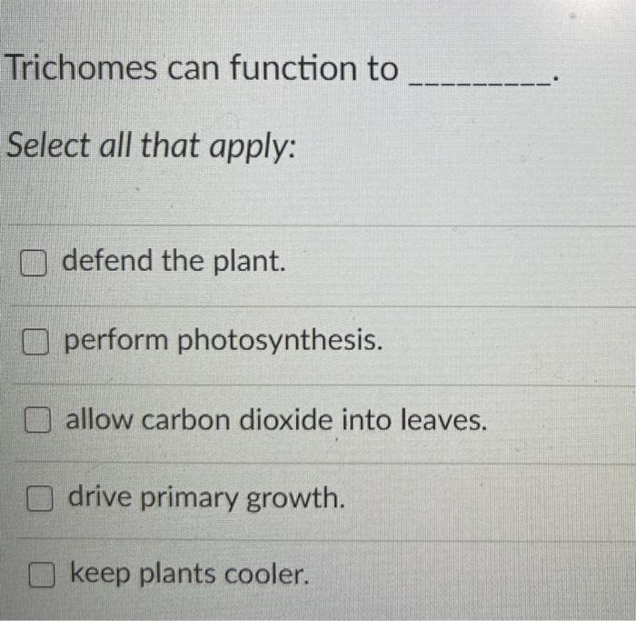 Solved Trichomes can function to Select all that apply: | Chegg.com