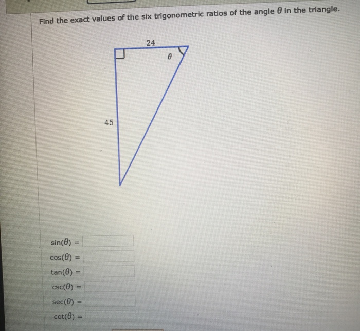 Solved Find the exact values of the six trigonometric ratios | Chegg.com