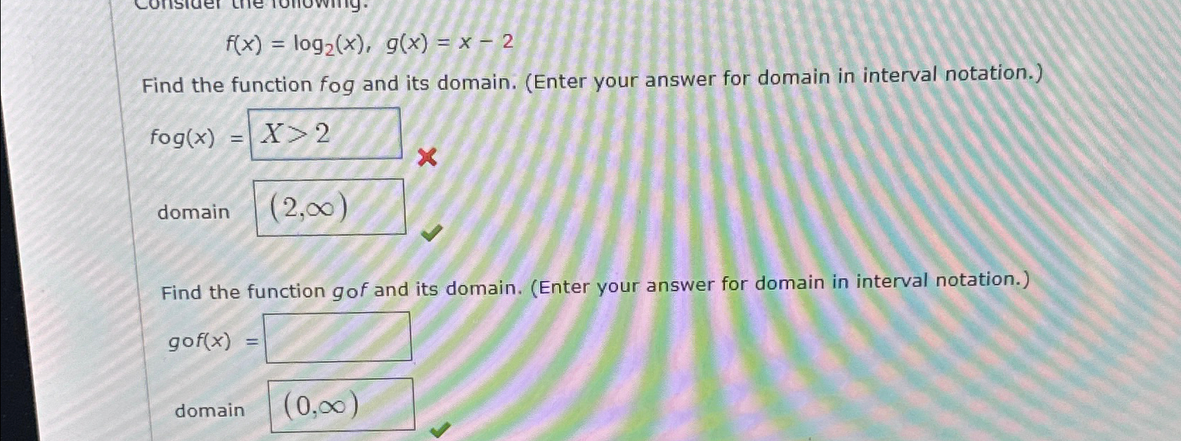 Solved f(x)=log2(x),g(x)=x-2Find the function f@g ﻿and its | Chegg.com