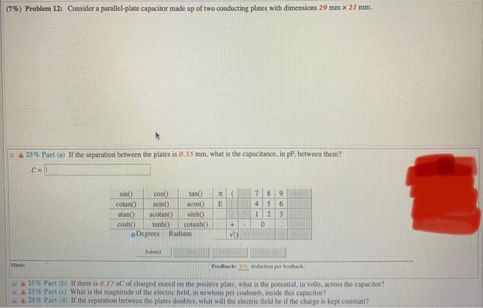 Solved (7\%) Problem 12: Consider a parallel-plate capacitor | Chegg.com