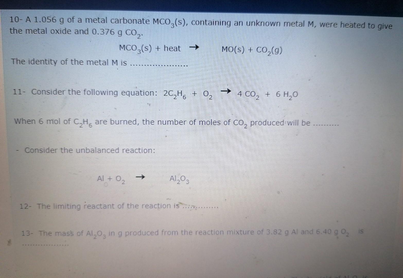 Solved 10- A 1.056 g of a metal carbonate MCO3(s), | Chegg.com