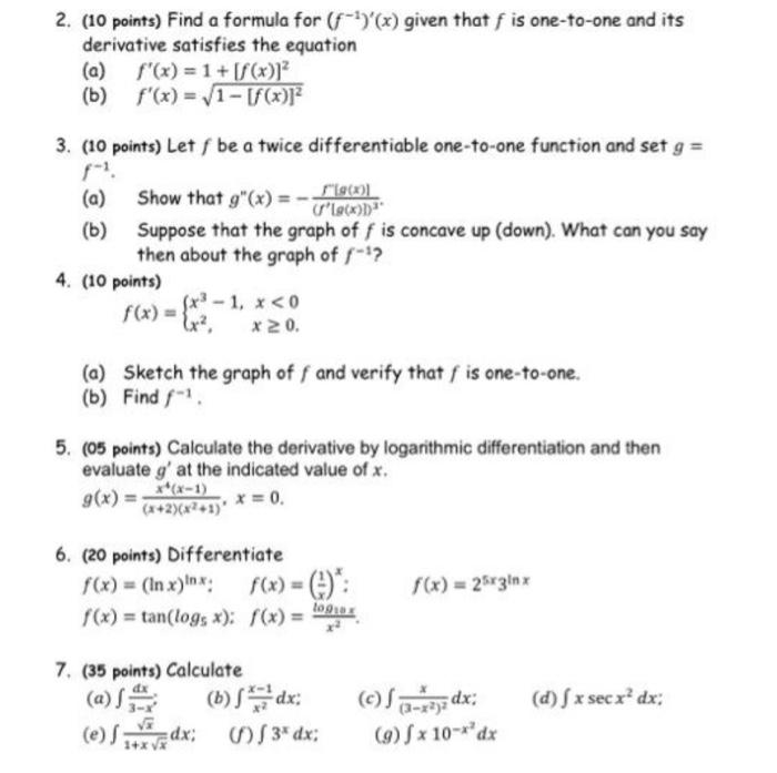 Solved 2. (10 points) Find a formula for (f−1)′(x) given | Chegg.com