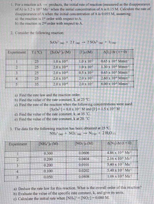 Solved 1. For a reaction aA → products, the initial mate of | Chegg.com
