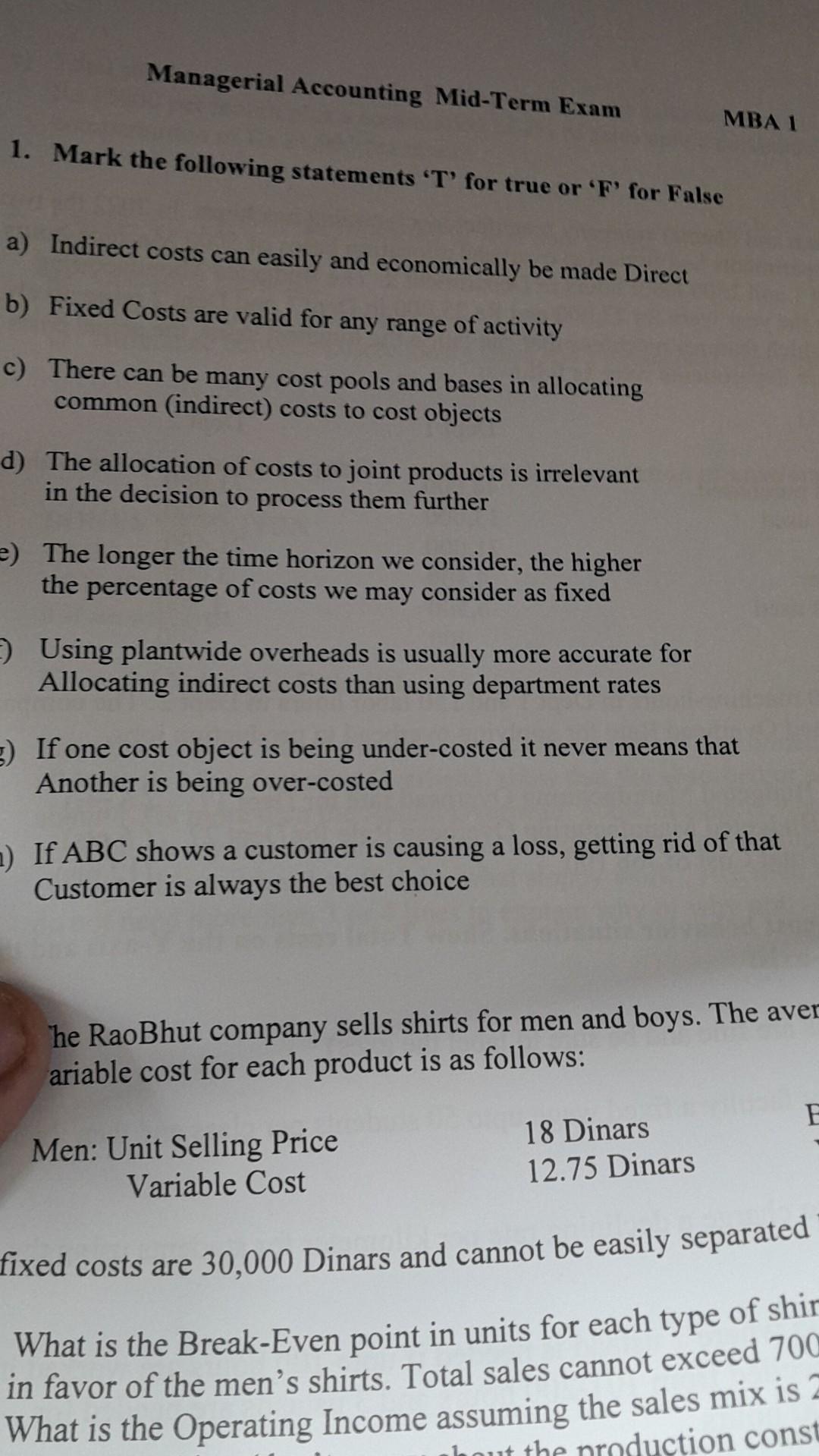Solved 1. Mark the following statements ' T ' for true or ' | Chegg.com
