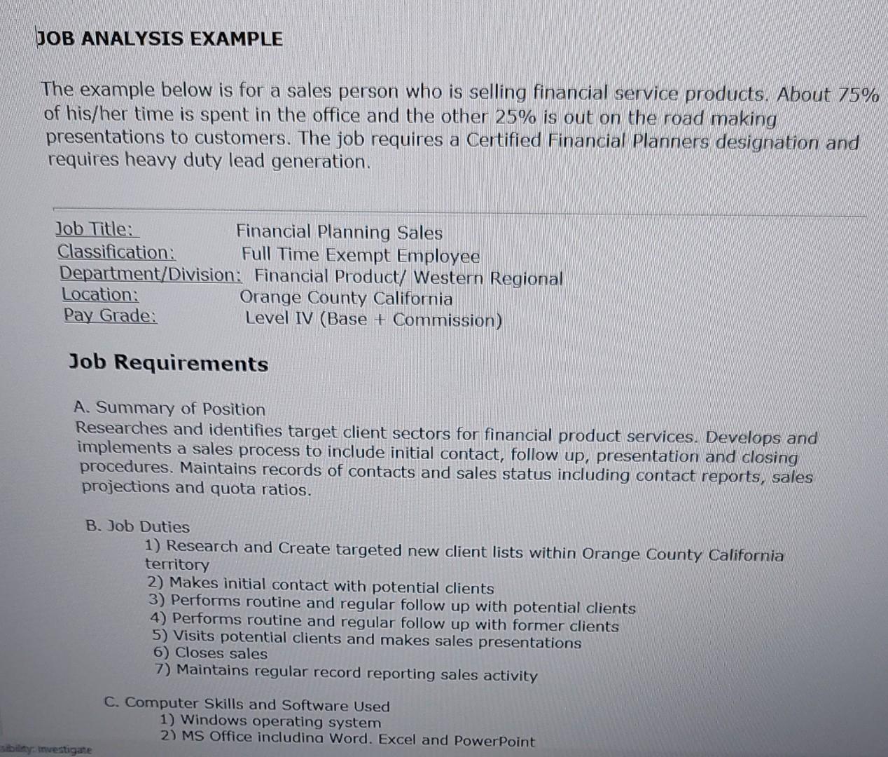 Solved JOB ANALYSIS EXAMPLE The example below is for a sales | Chegg.com