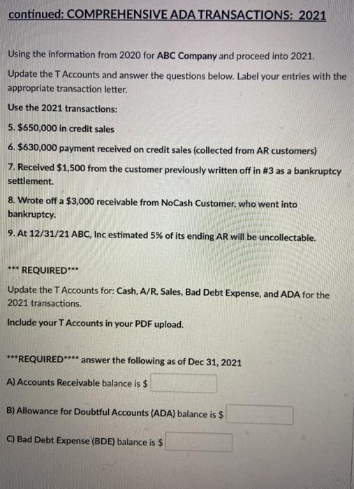 Solved COMPREHENSIVE ADA TRANSACTIONS: 2020 ABC Company | Chegg.com