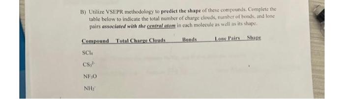 Solved B) Utilize VSEPR methodology to predict the shape of | Chegg.com