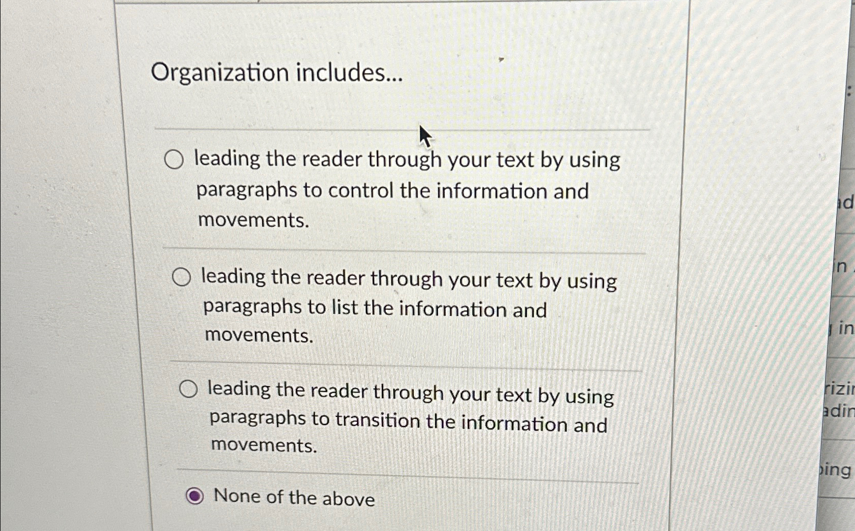 Solved Organization includes...leading the reader through | Chegg.com