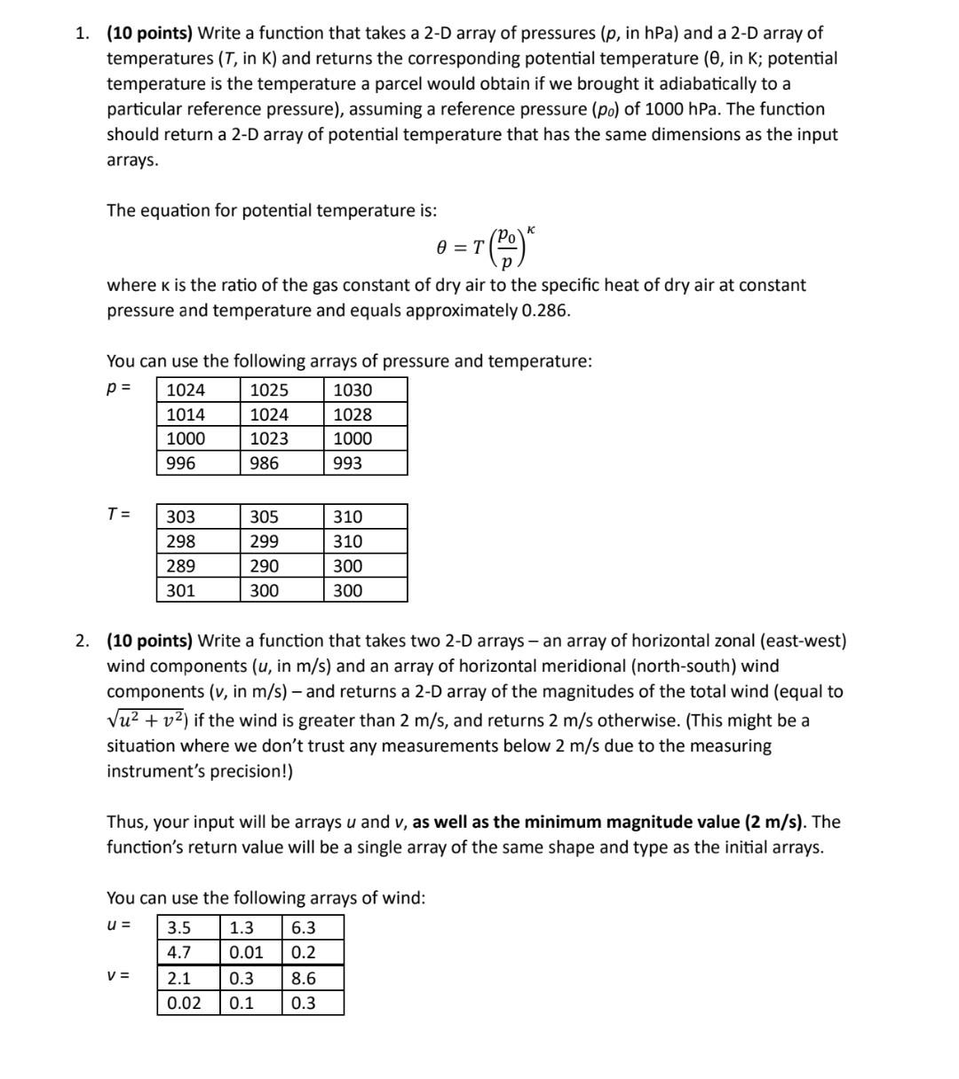 Solved (10 points) Write a function that takes two 2-D | Chegg.com