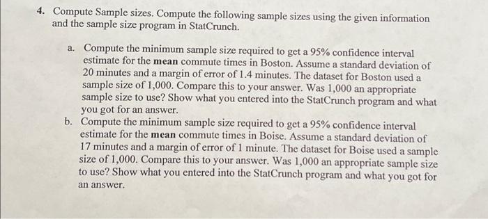 Solved 4. Compute Sample sizes. Compute the following sample | Chegg.com