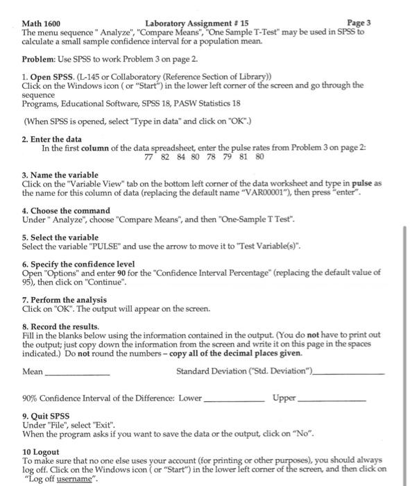 Math 1600 Laboratory Assignment ≡15 Page 3 The menu | Chegg.com