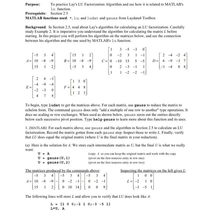 Purpose: To practice Lay's LU Factorization Algorithm | Chegg.com