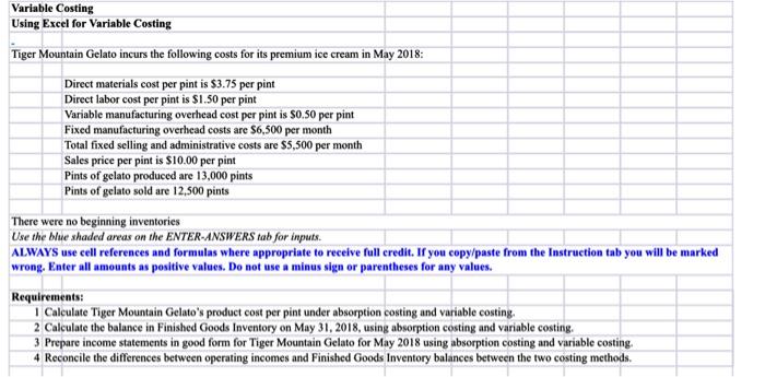 Solved Variable Costing Using Excel for Variable Costing | Chegg.com