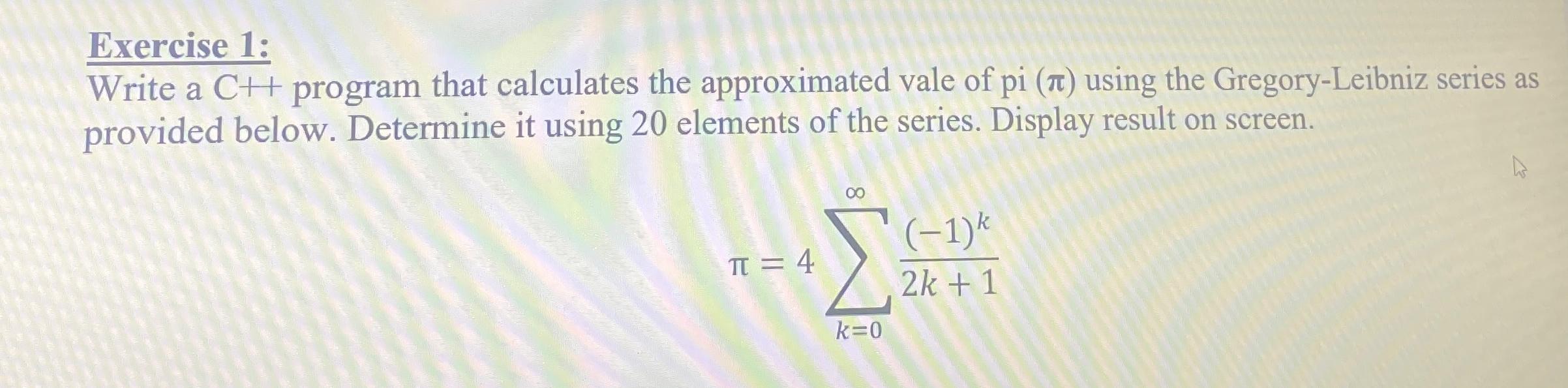 Solved Exercise 1:Write a C++ program that calculates the | Chegg.com Solved Exercise 1:Write a C++ program that calculates the | Chegg.com