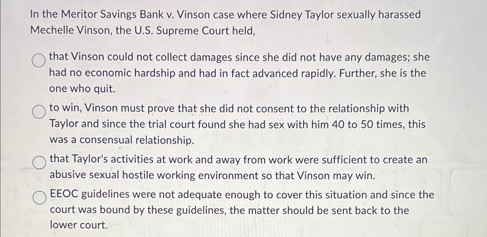 Solved In the Meritor Savings Bank v. ﻿Vinson case where | Chegg.com