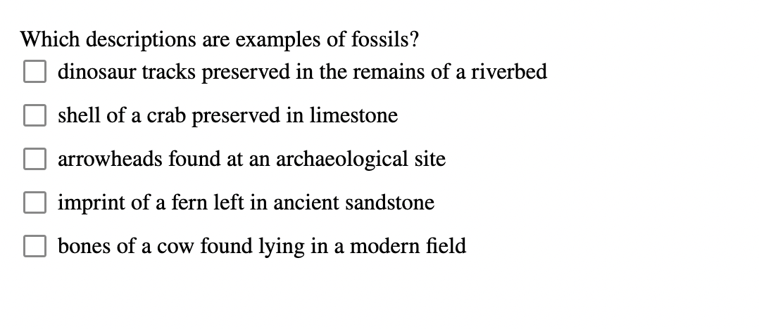 Solved Which descriptions are examples of fossils?dinosaur | Chegg.com