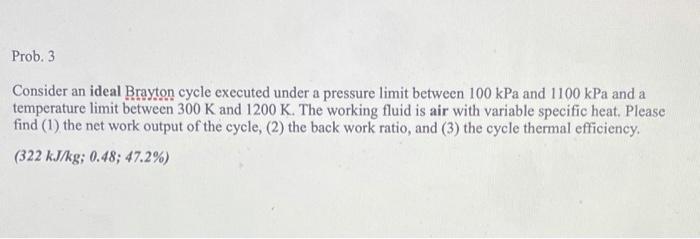Solved Prob. 3 Consider an ideal Brayton cycle executed | Chegg.com