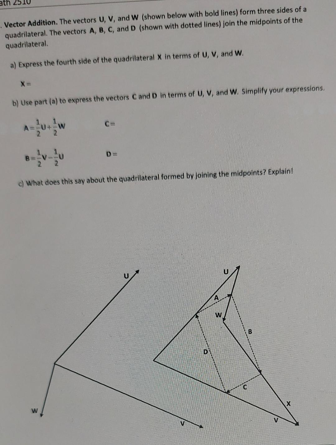 Solved Vector Addition. The vectors U,V, ﻿and W (shown below | Chegg.com