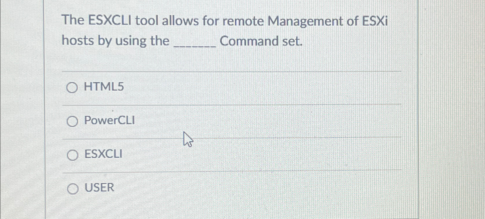 Solved The ESXCLI tool allows for remote Management of ESXi | Chegg.com