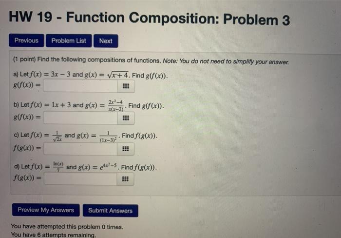 Solved HW 19 - Function Composition: Problem 3 Previous | Chegg.com