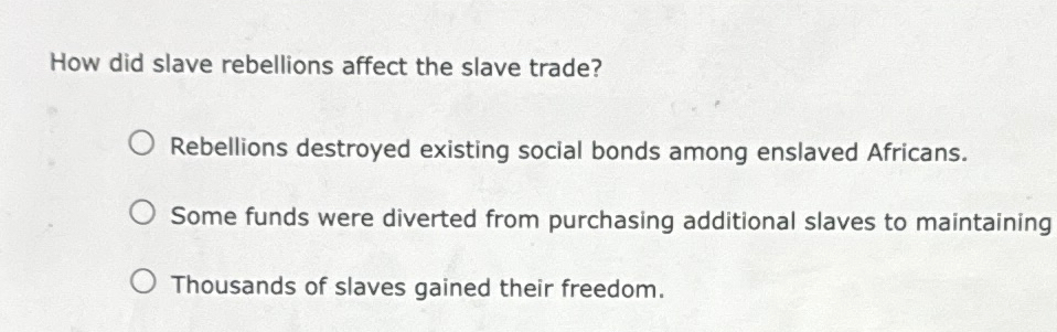 Solved How did slave rebellions affect the slave | Chegg.com