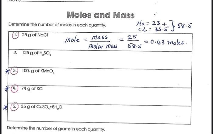 Solved Moles And Mass Determine The Number Of Moles In Each