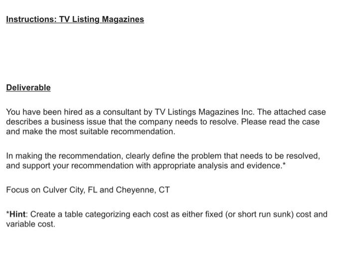 Solved Instructions: TV Listing Magazines Deliverable You | Chegg.com